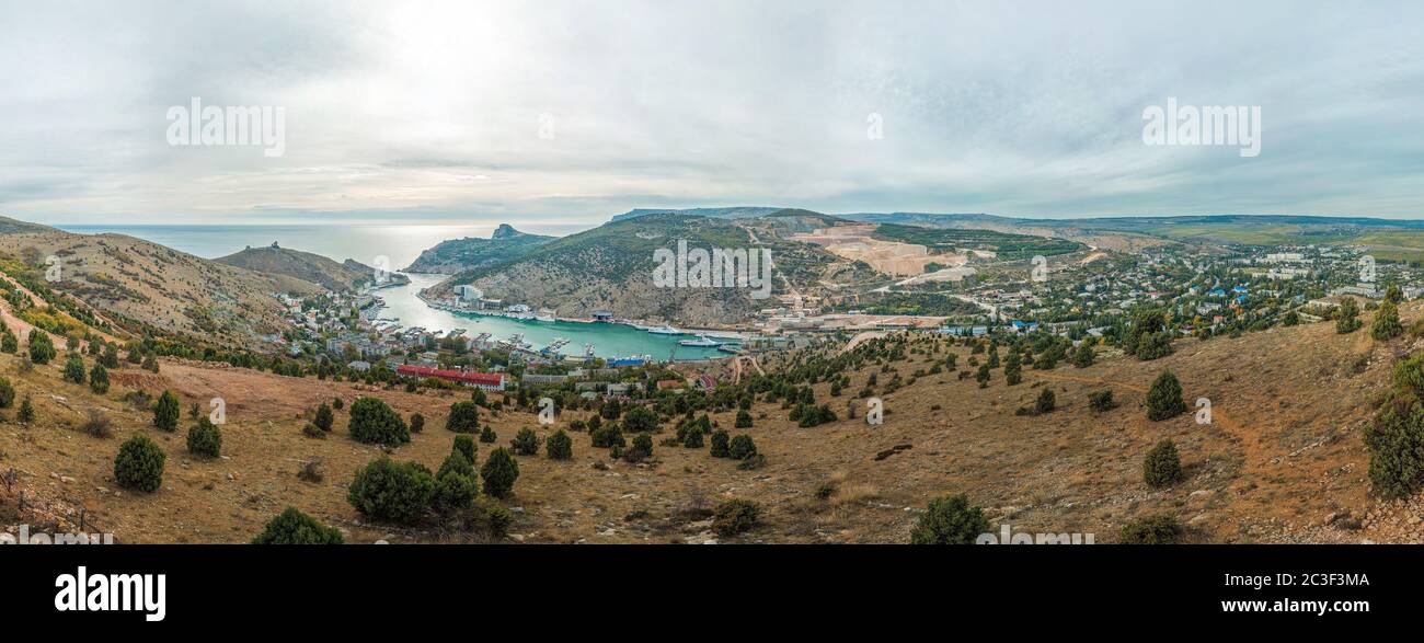 Scenic panoramic view of Balaclava bay with yachts from the ruines of ...