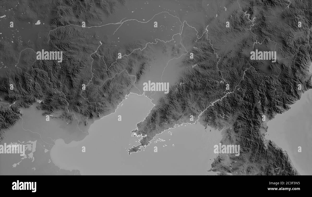 Liaoning, province of China. Grayscaled map with lakes and rivers ...