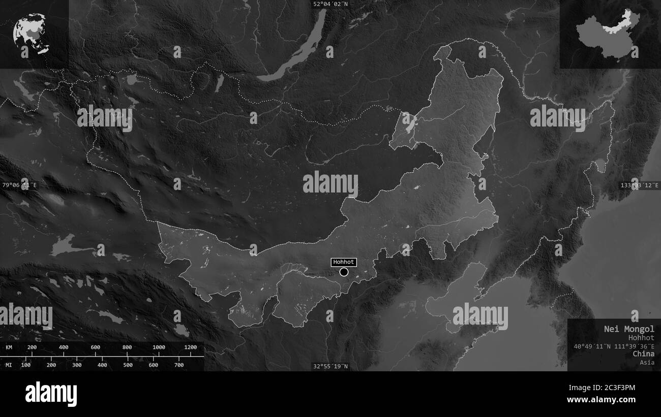 Nei Mongol, autonomous region of China. Grayscaled map with lakes and ...
