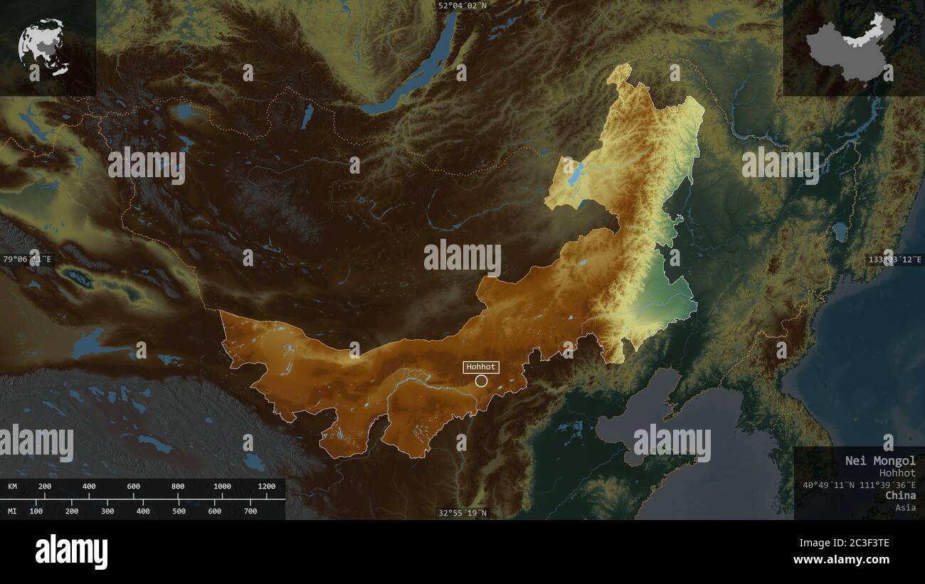 Nei Mongol, autonomous region of China. Colored relief with lakes and ...