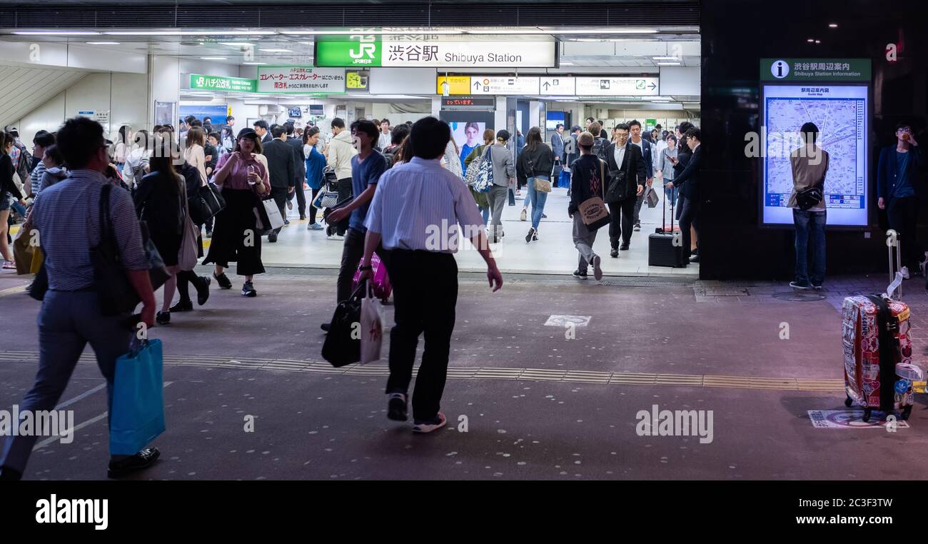 Commuter at Japan Railway Shibuya Station at night, Tokyo, Japan Stock ...