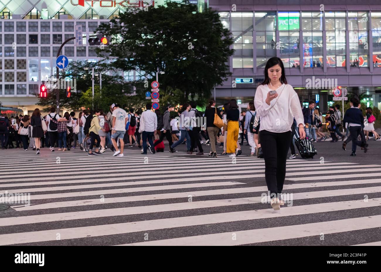 Mass crowd walking across the famous Shibuya pedestrian scramble ...