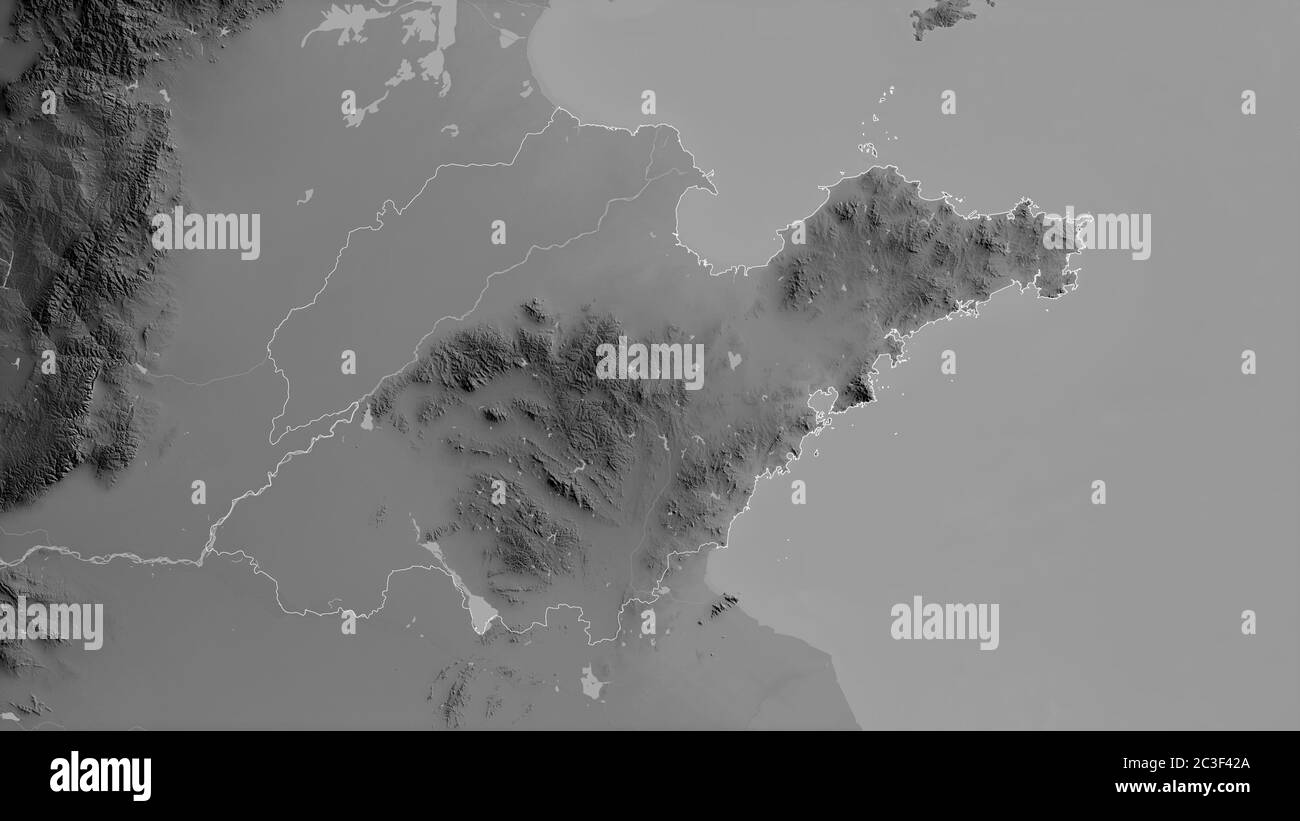 Shandong, province of China. Grayscaled map with lakes and rivers ...