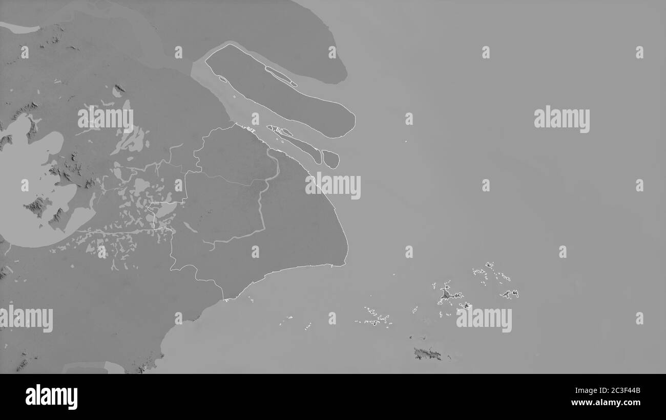 Shanghai, municipality of China. Grayscaled map with lakes and rivers ...