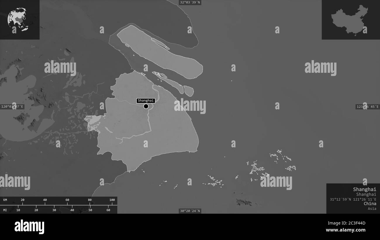 Shanghai, municipality of China. Grayscaled map with lakes and rivers ...