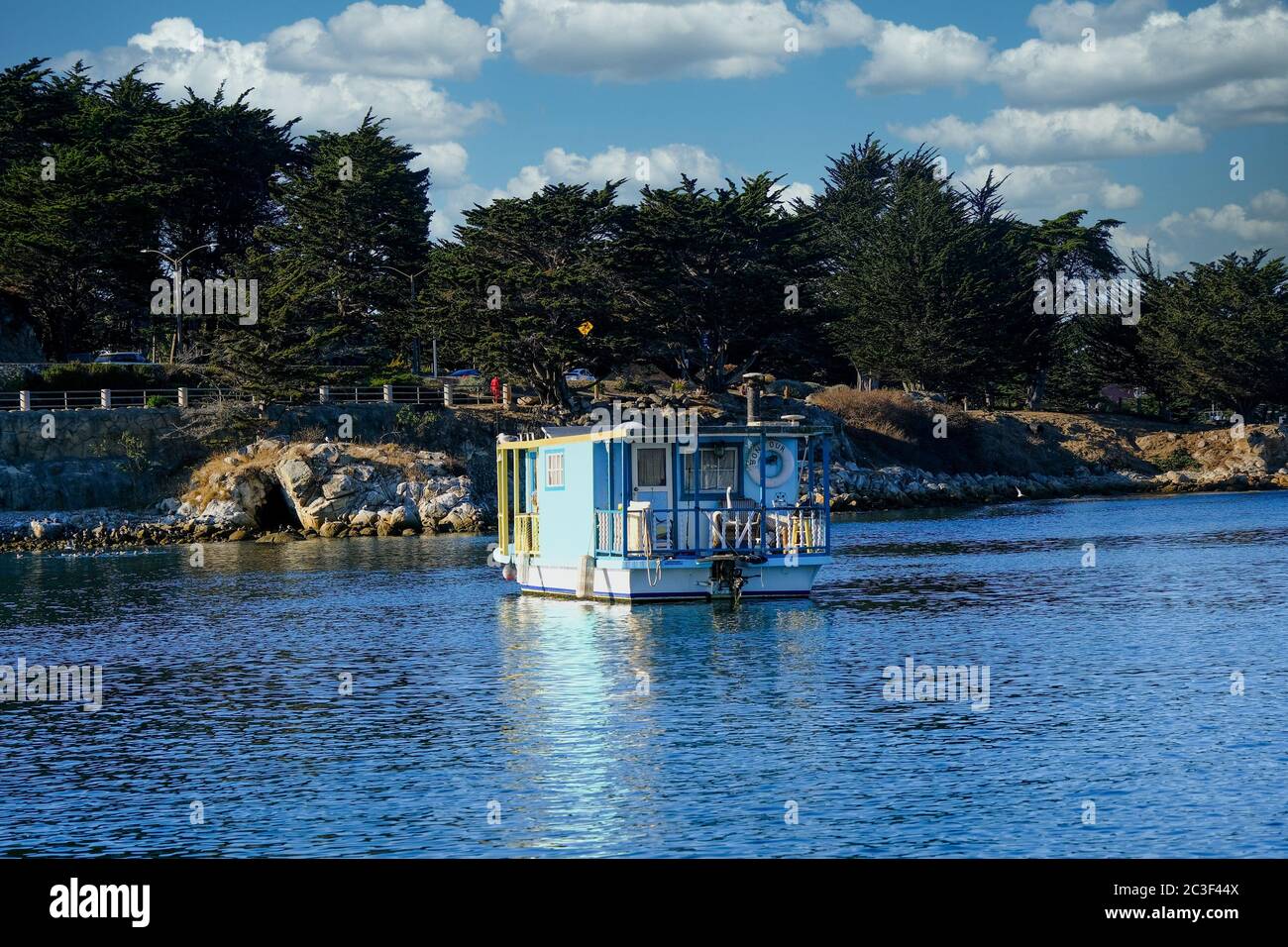 Blue Houseboat in MOnterey Bay Stock Photo - Alamy
