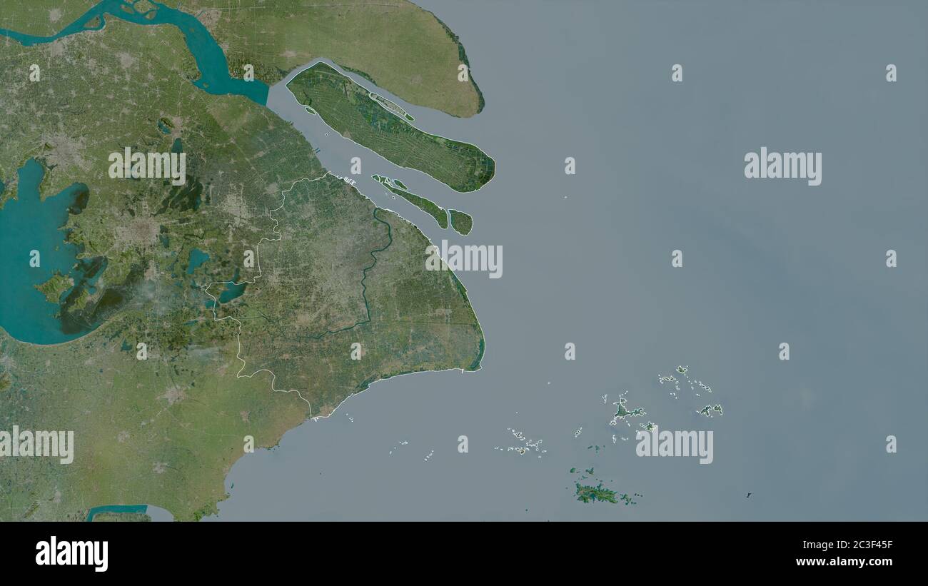 Shanghai, municipality of China. Satellite imagery. Shape outlined ...