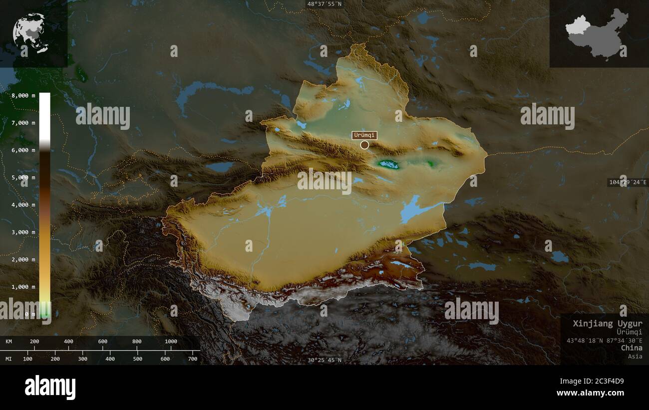 Xinjiang Uygur, autonomous region of China. Colored shader data with ...