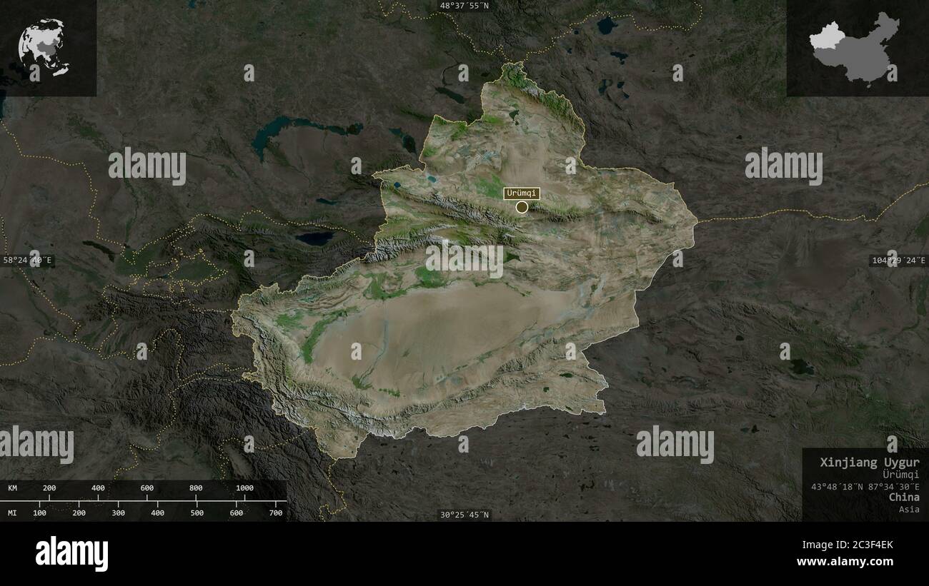 Xinjiang Uygur, autonomous region of China. Satellite imagery. Shape ...
