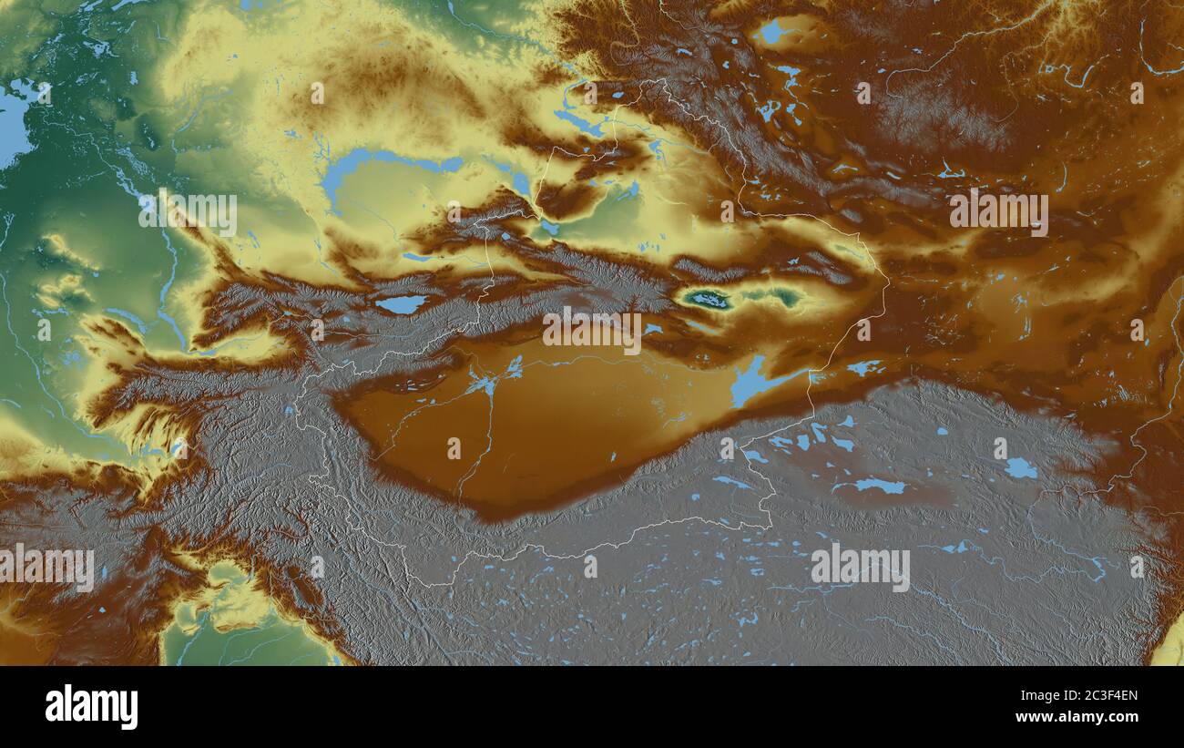 Xinjiang Uygur, autonomous region of China. Colored relief with lakes ...