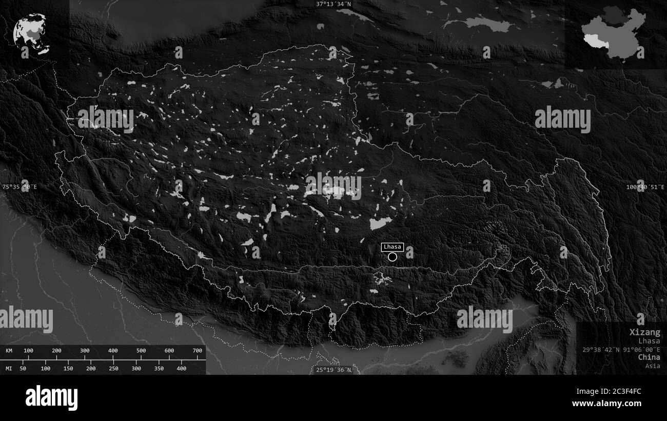 Xizang, autonomous region of China. Grayscaled map with lakes and ...