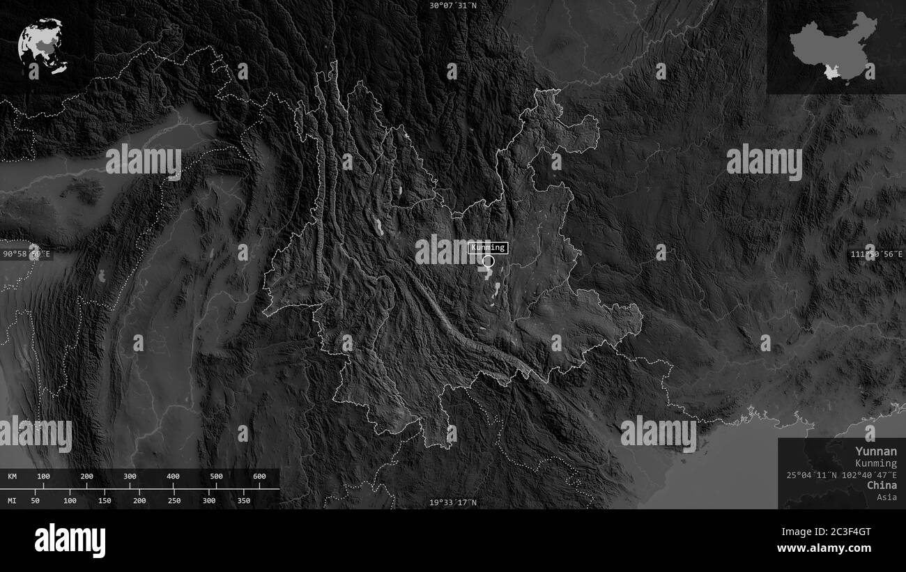 Yunnan, province of China. Grayscaled map with lakes and rivers. Shape ...