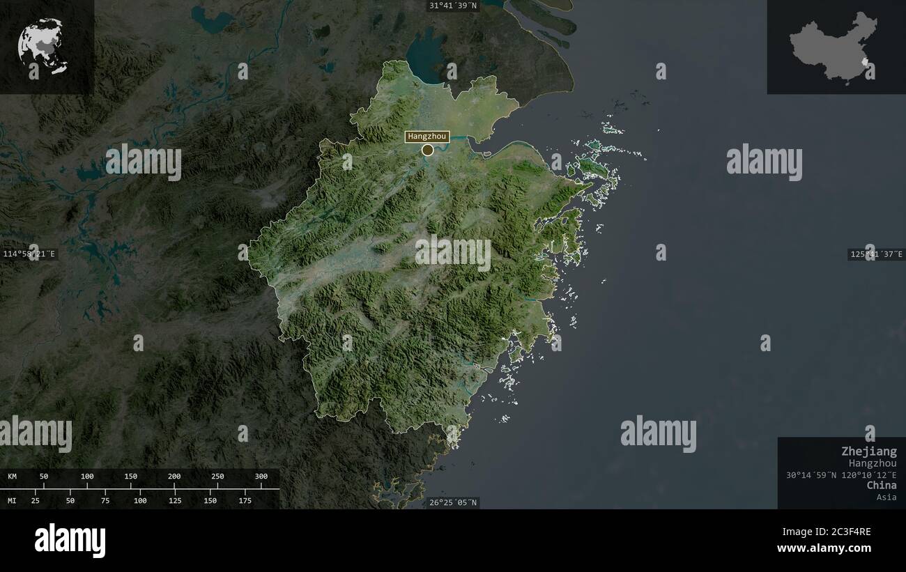 Zhejiang, province of China. Satellite imagery. Shape presented against ...