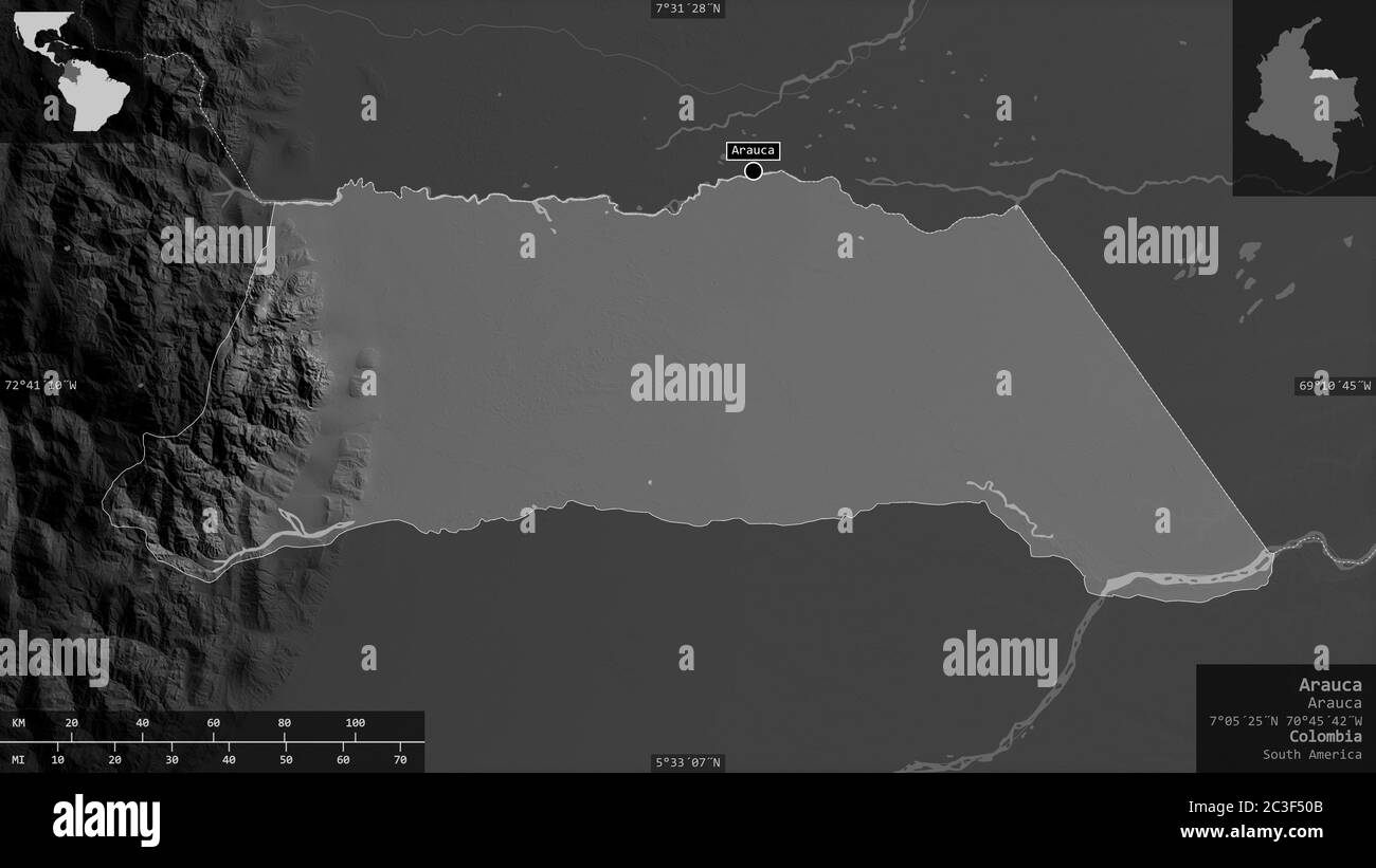 Arauca, intendancy of Colombia. Grayscaled map with lakes and rivers ...