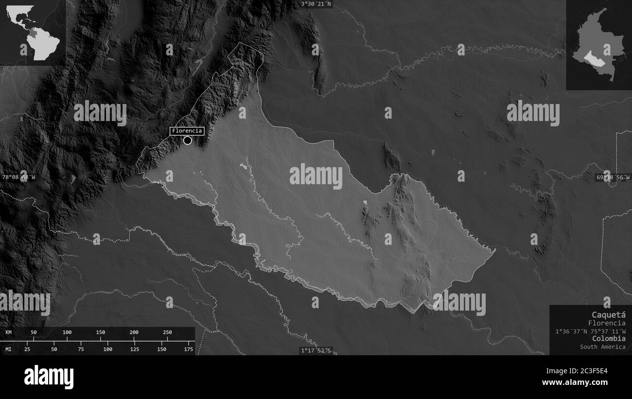 Caquetá, intendancy of Colombia. Grayscaled map with lakes and rivers ...