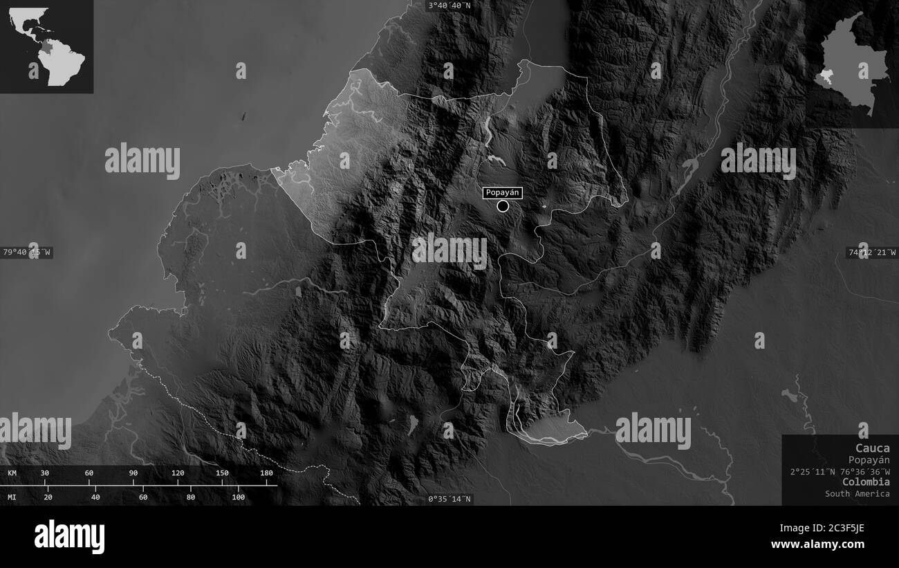 Cauca, department of Colombia. Grayscaled map with lakes and rivers ...