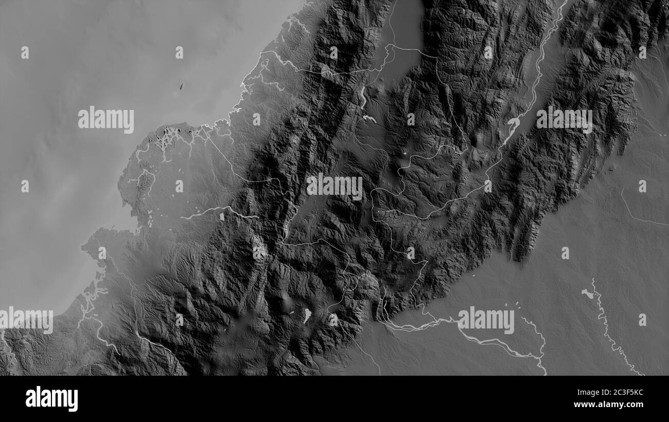 Cauca, department of Colombia. Grayscaled map with lakes and rivers ...