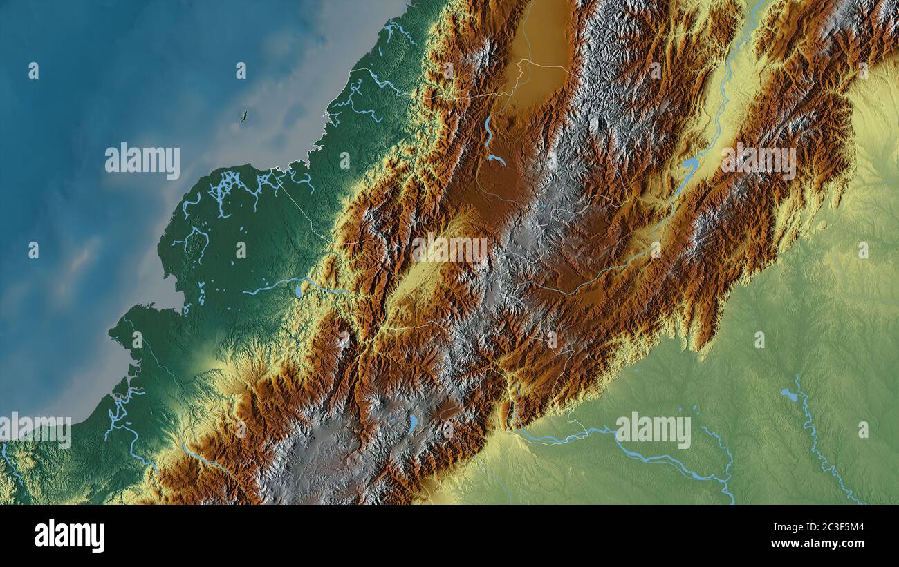 Cauca, department of Colombia. Colored relief with lakes and rivers ...