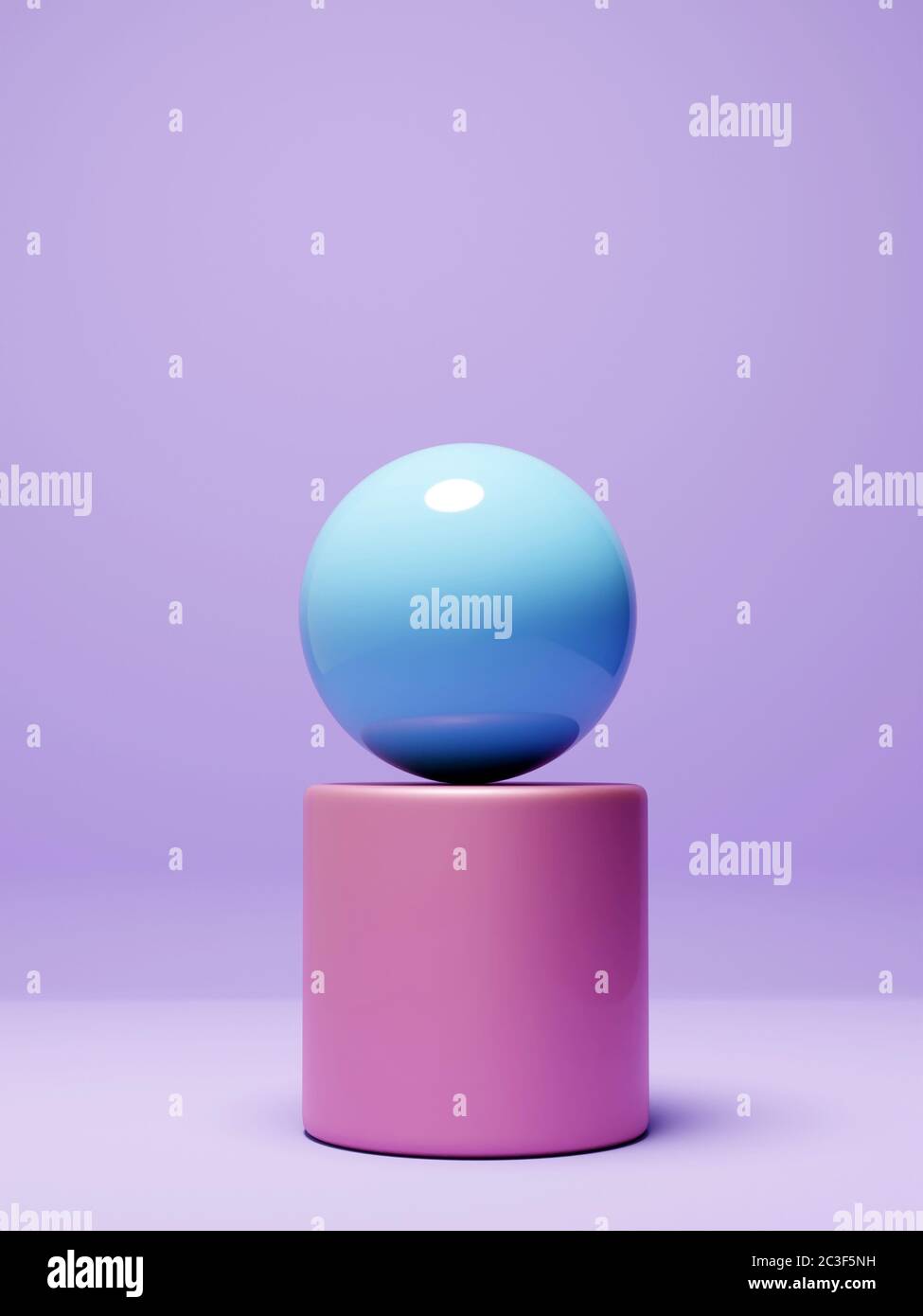 3d calm pastel blue sphere on pink pedestal in pale purple room, 3d ...