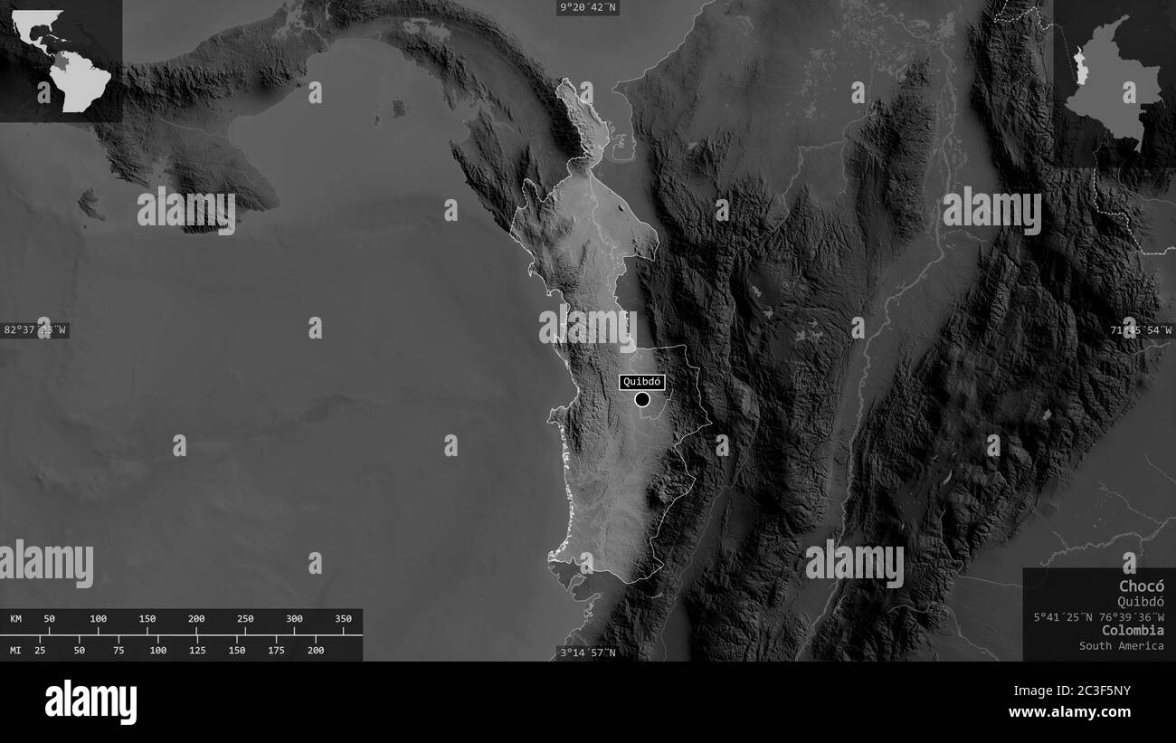 Chocó, department of Colombia. Grayscaled map with lakes and rivers ...