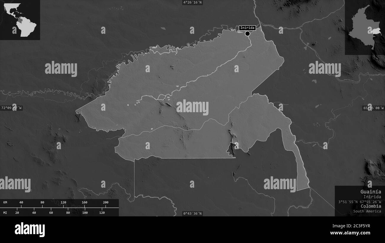 Guainía, commissiary of Colombia. Grayscaled map with lakes and rivers ...