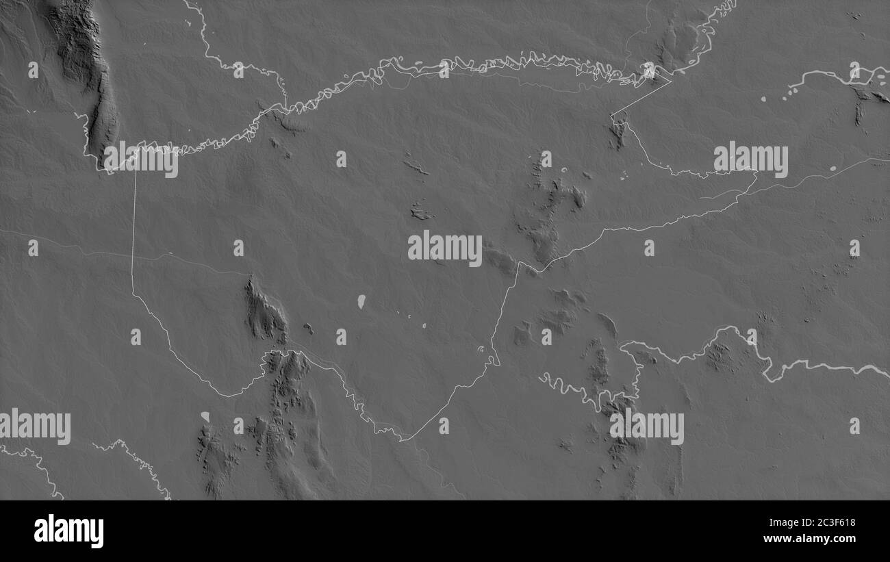 Guaviare, commissiary of Colombia. Grayscaled map with lakes and rivers ...
