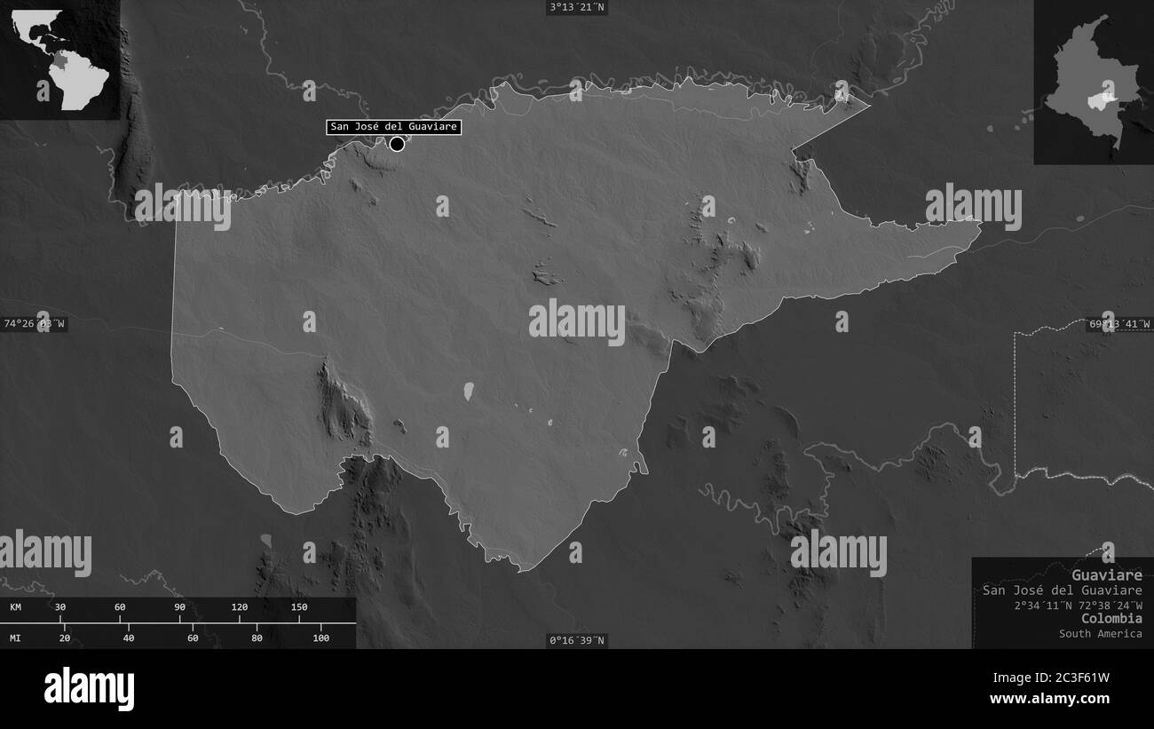 Guaviare, commissiary of Colombia. Grayscaled map with lakes and rivers ...