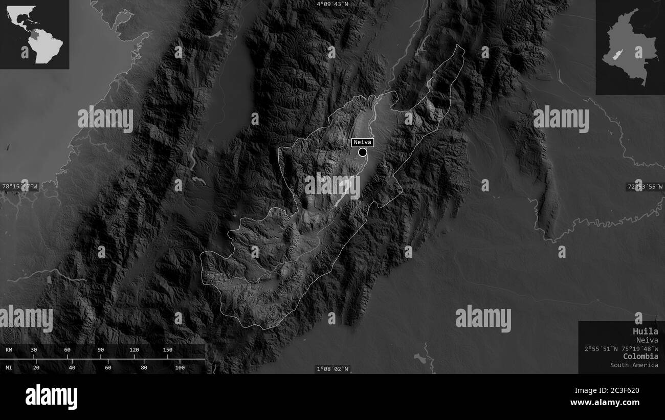 Huila, department of Colombia. Grayscaled map with lakes and rivers ...