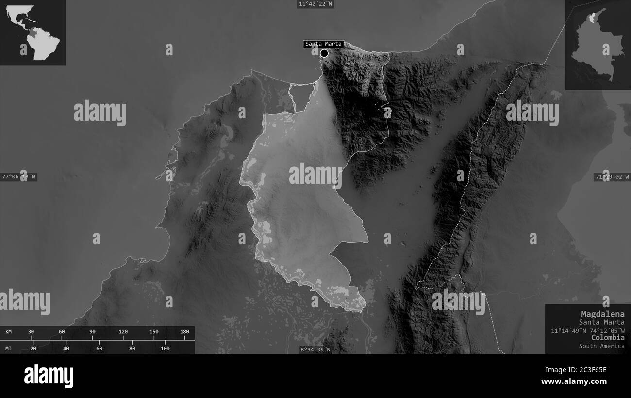 Magdalena, department of Colombia. Grayscaled map with lakes and rivers ...