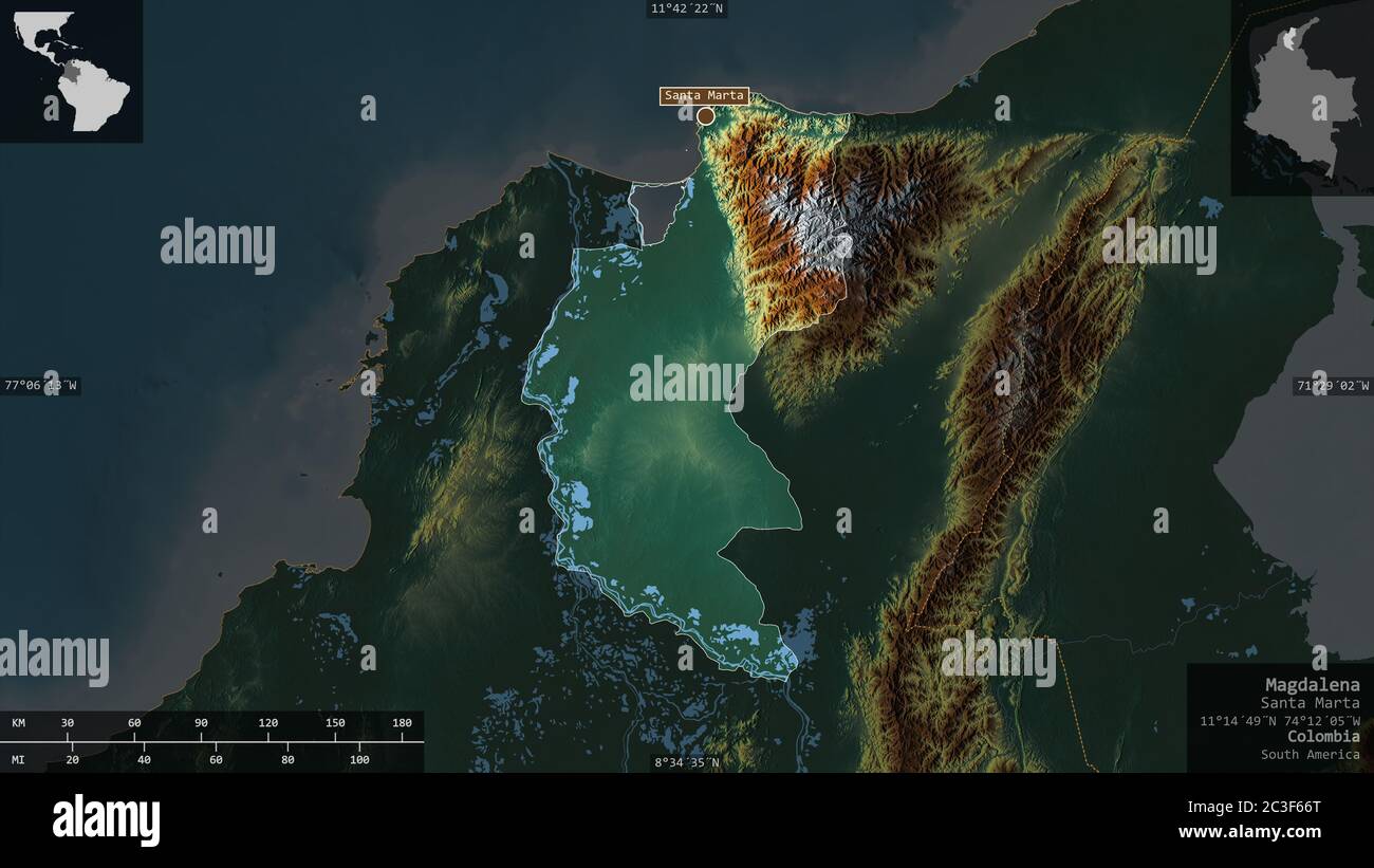 Magdalena, department of Colombia. Colored relief with lakes and rivers ...