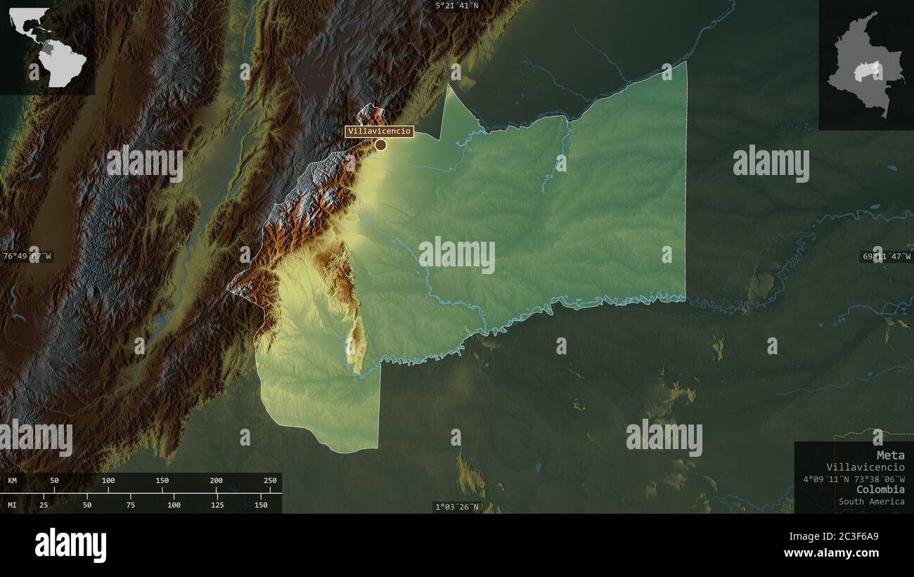 Meta, department of Colombia. Colored relief with lakes and rivers ...