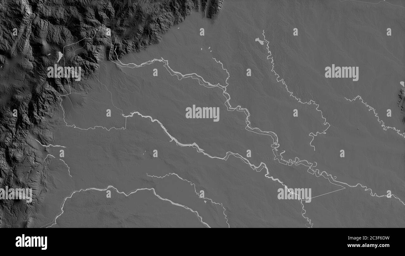 Putumayo, intendancy of Colombia. Grayscaled map with lakes and rivers ...
