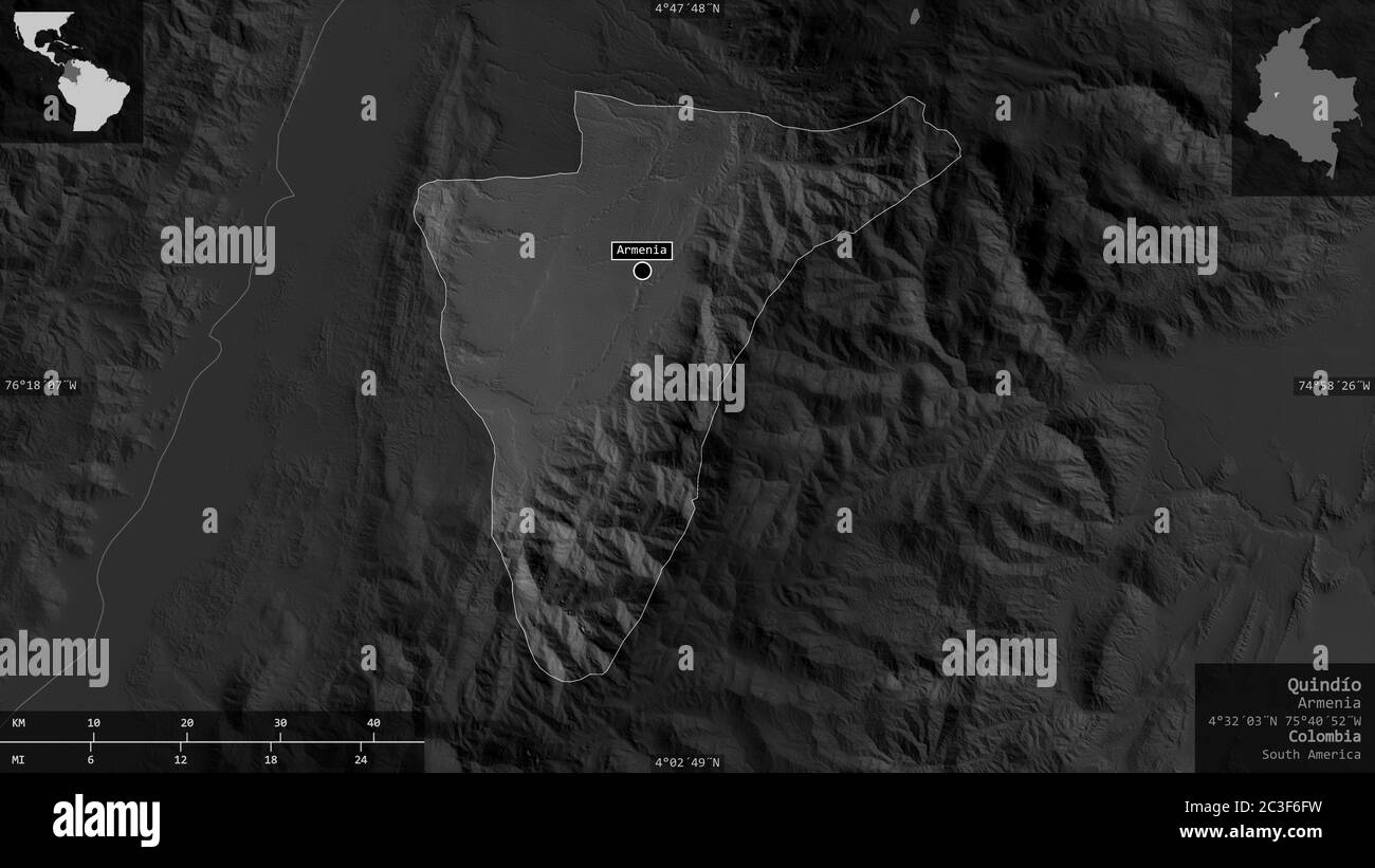Quindío, department of Colombia. Grayscaled map with lakes and rivers ...
