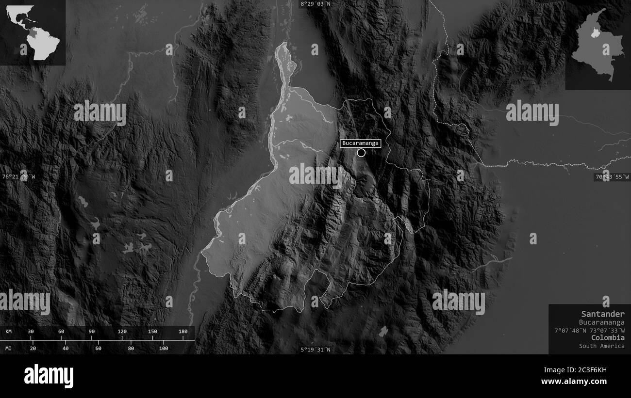 Santander, department of Colombia. Grayscaled map with lakes and rivers ...