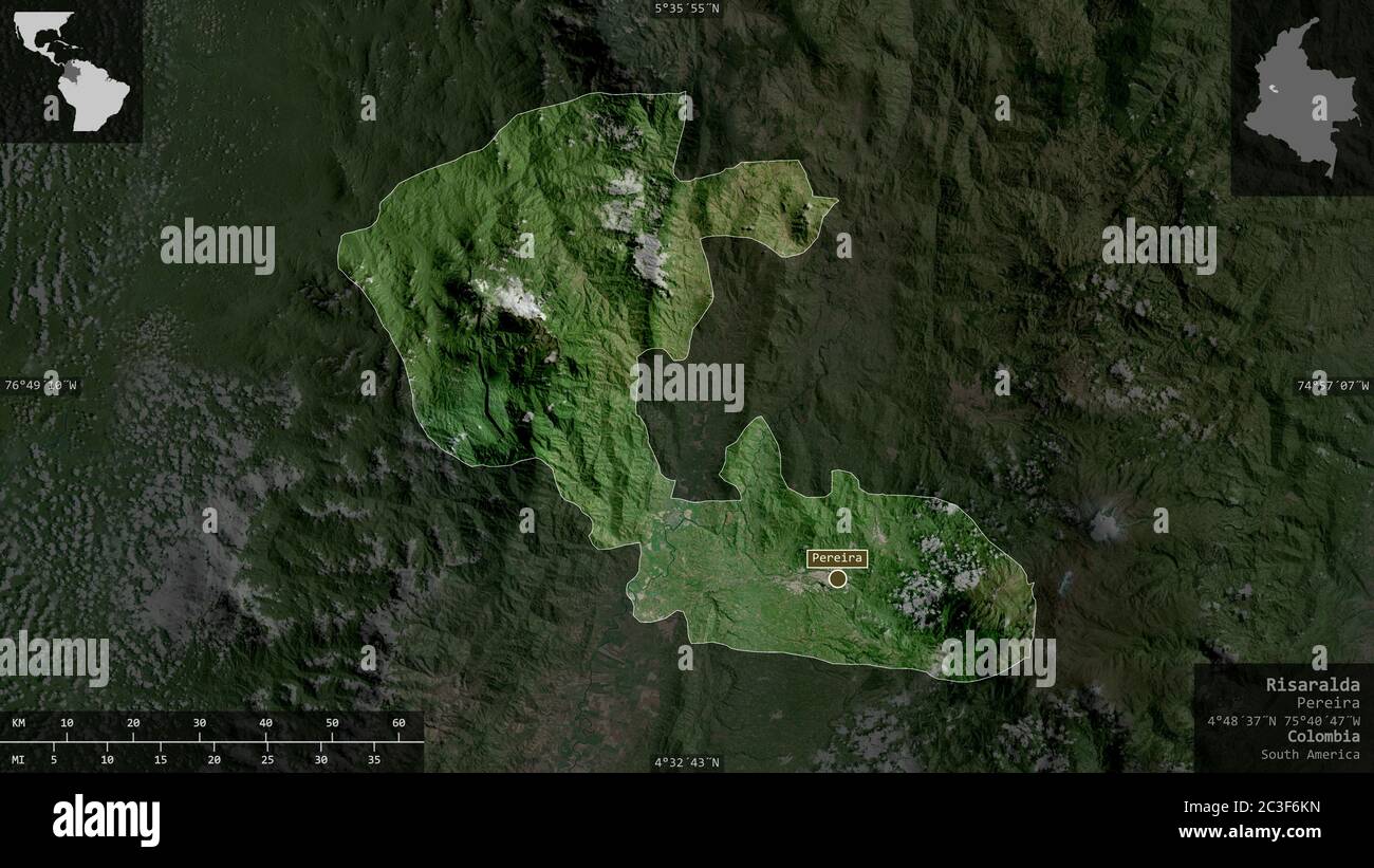 Risaralda, department of Colombia. Satellite imagery. Shape presented ...