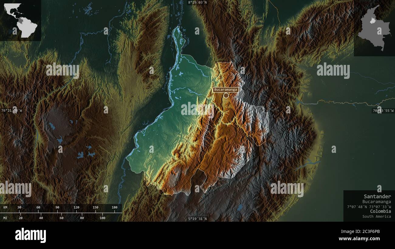 Santander, department of Colombia. Colored relief with lakes and rivers ...