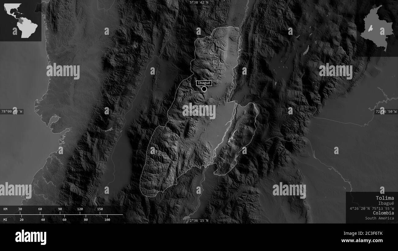 Tolima, department of Colombia. Grayscaled map with lakes and rivers ...