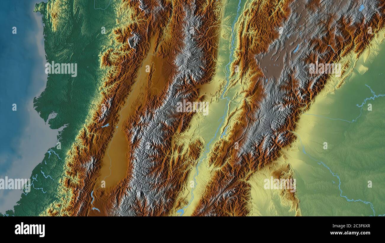 Tolima, department of Colombia. Colored relief with lakes and rivers ...