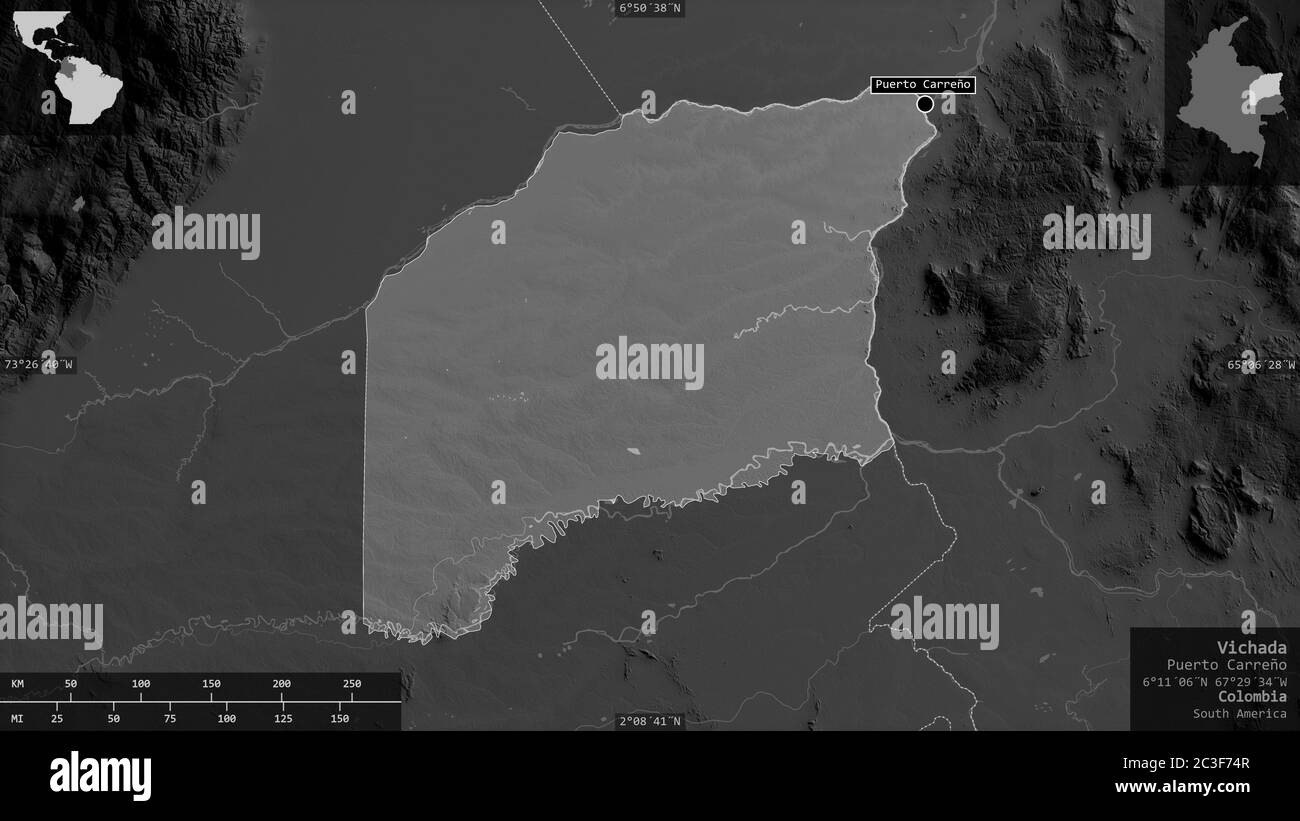 Vichada, commissiary of Colombia. Grayscaled map with lakes and rivers ...