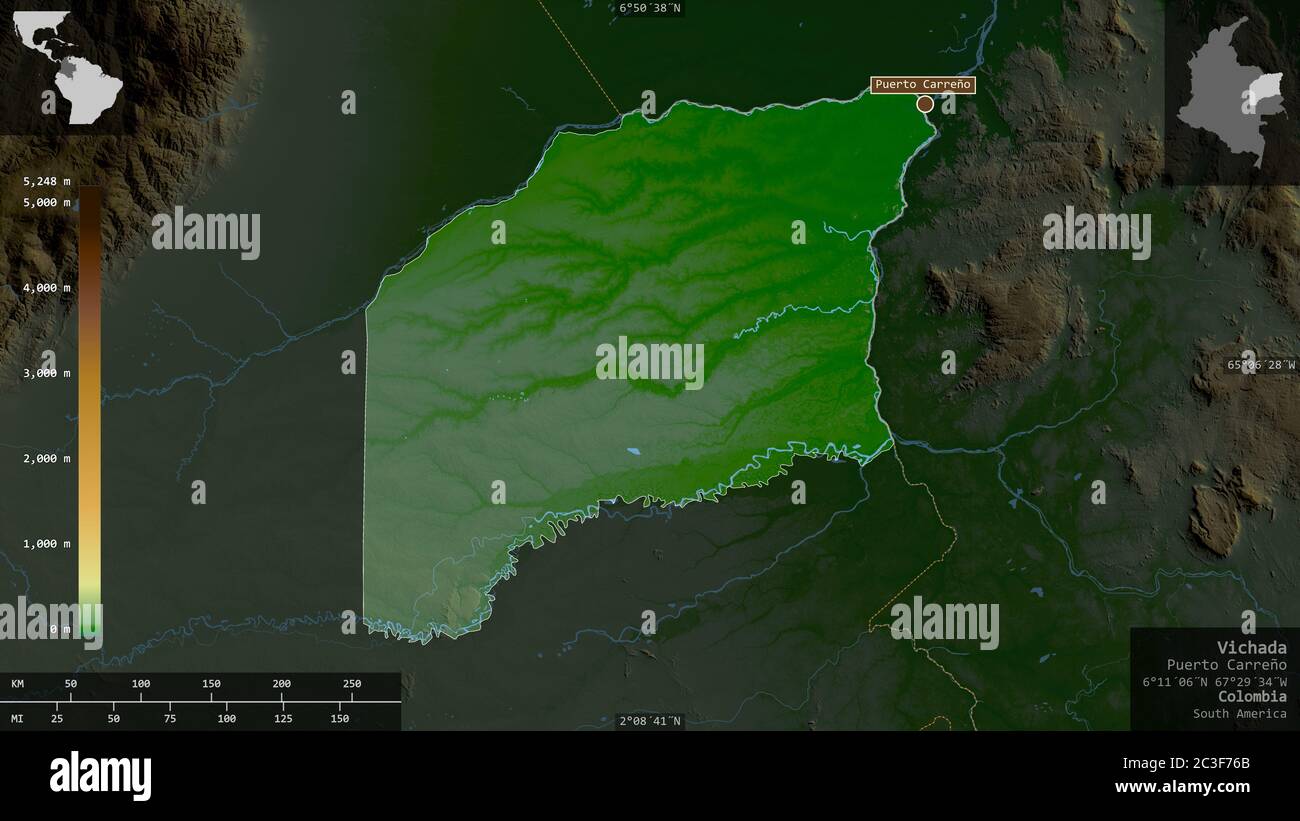 Vichada, commissiary of Colombia. Colored shader data with lakes and ...