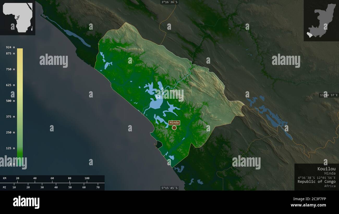 Kouilou, region of Republic of Congo. Colored shader data with lakes ...