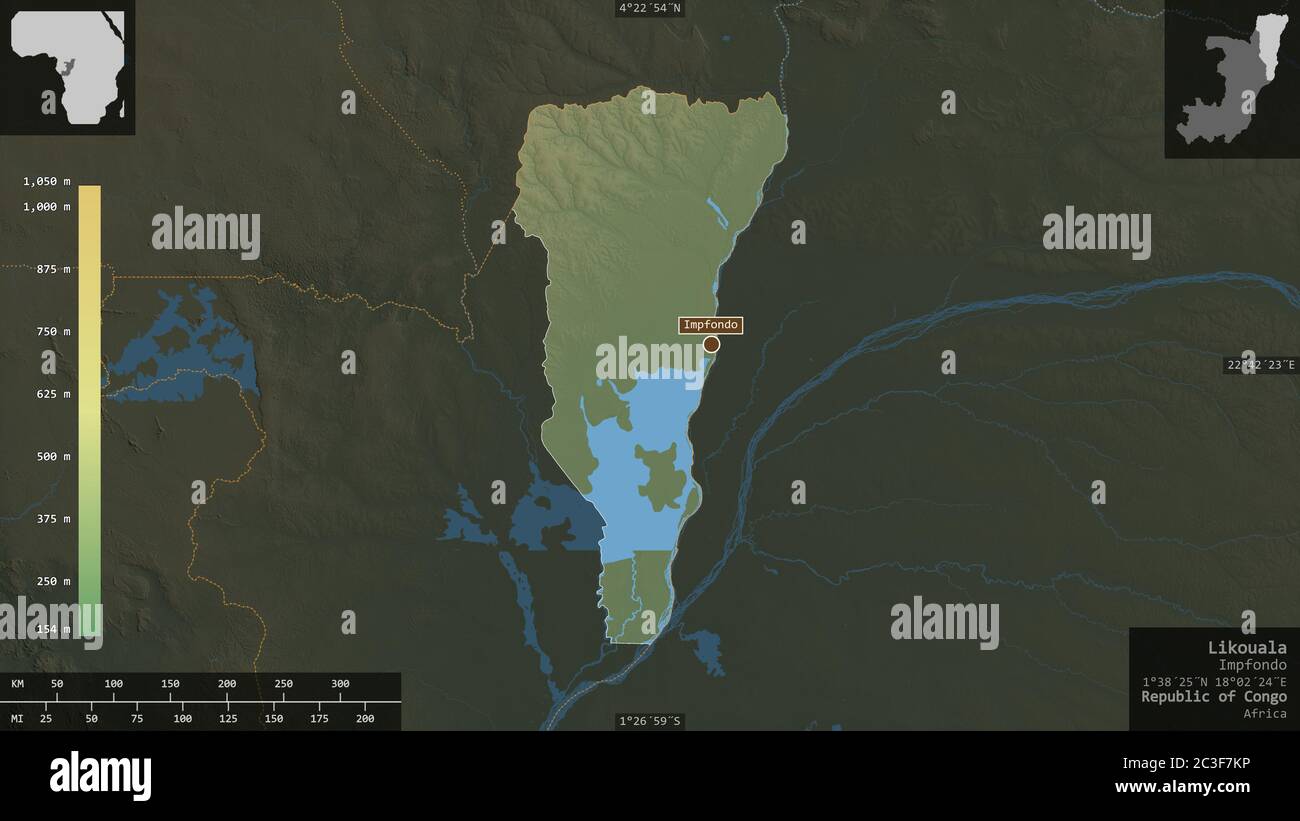 Likouala, region of Republic of Congo. Colored shader data with lakes ...
