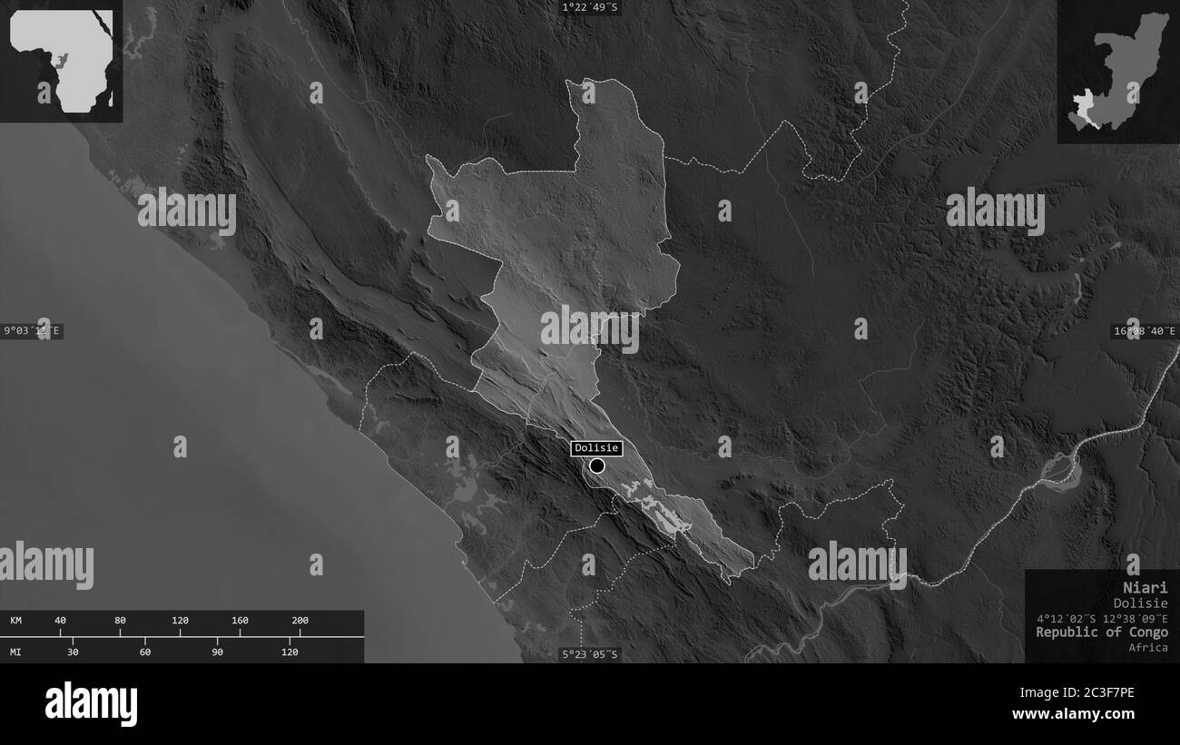 Niari, region of Republic of Congo. Grayscaled map with lakes and ...