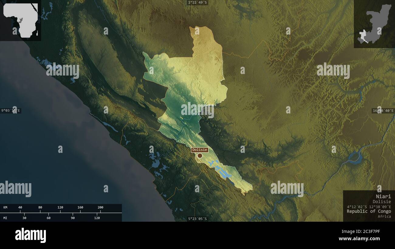 Niari, region of Republic of Congo. Colored relief with lakes and ...