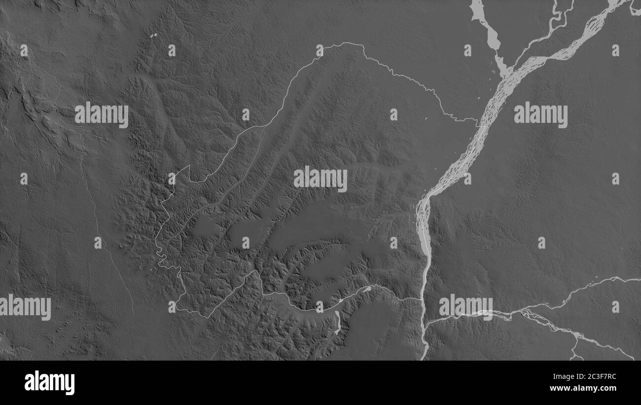 Plateaux, region of Republic of Congo. Grayscaled map with lakes and ...