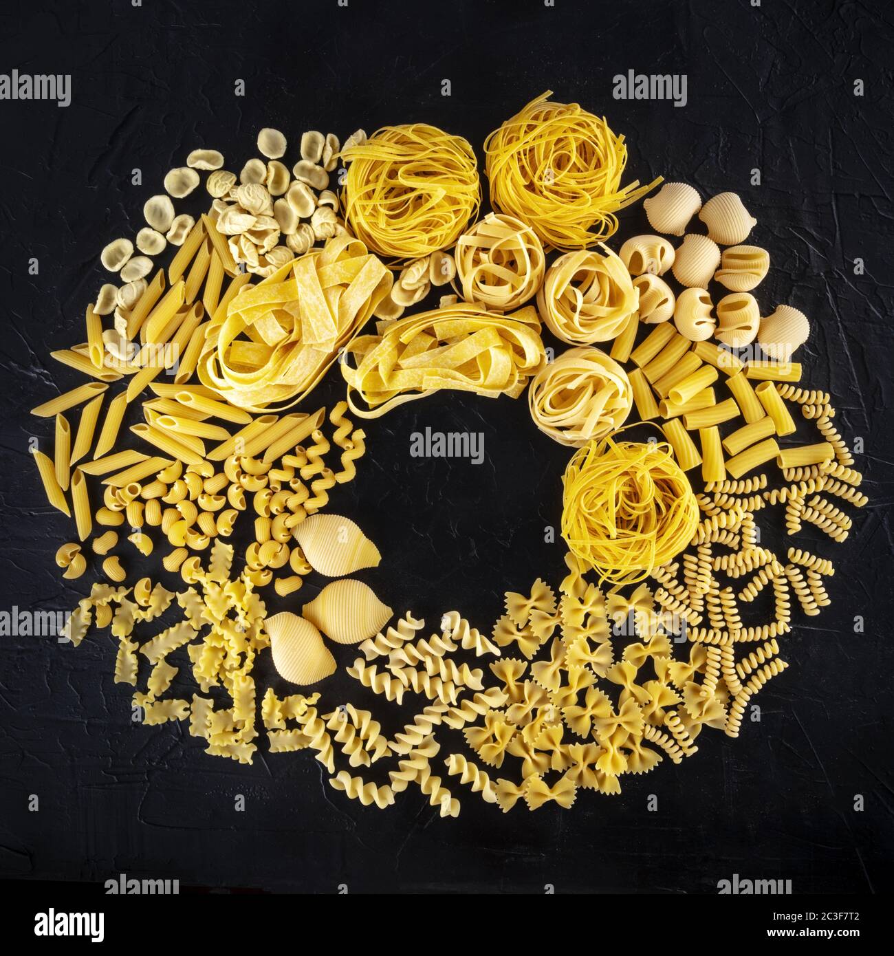 Italian pasta design with copy space, a flat lay of a variety of pasta ...