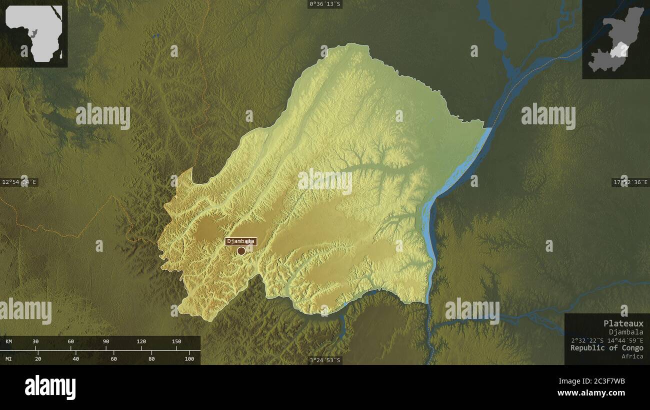 Plateaux, region of Republic of Congo. Colored relief with lakes and ...