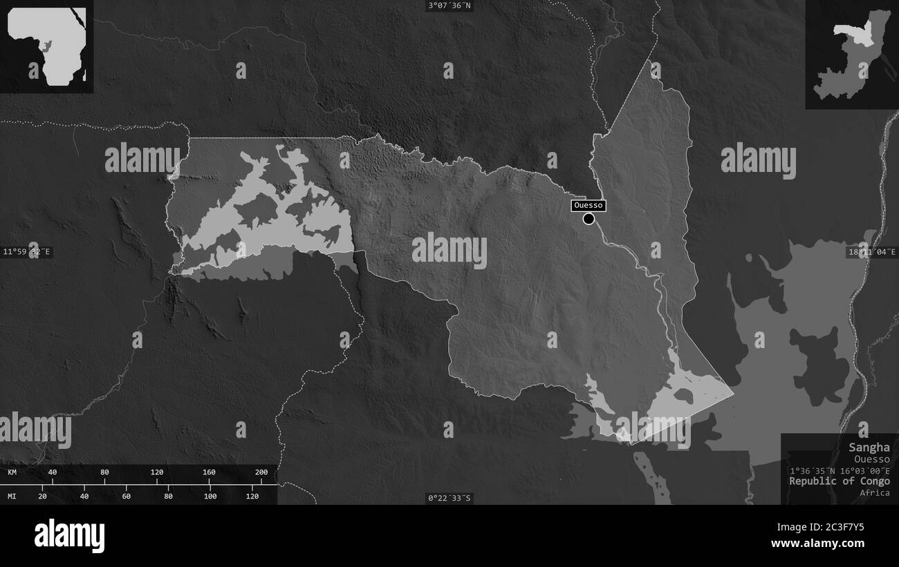 Sangha, region of Republic of Congo. Grayscaled map with lakes and ...