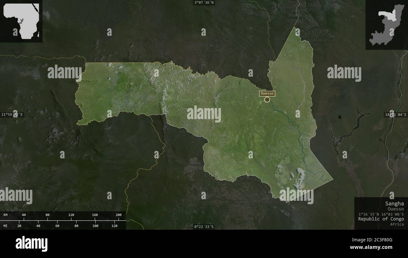 Sangha, region of Republic of Congo. Satellite imagery. Shape presented ...