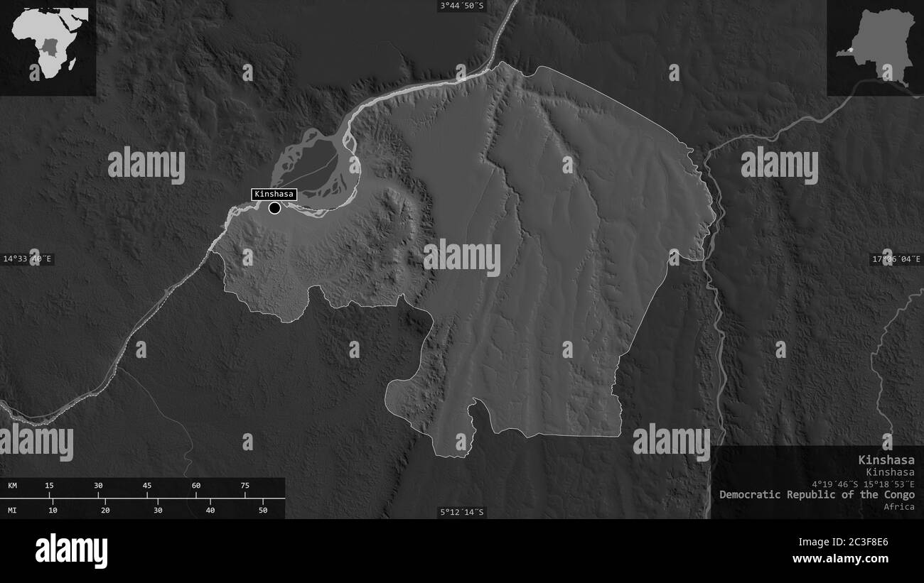 Kinshasa, province of Democratic Republic of the Congo. Grayscaled map ...